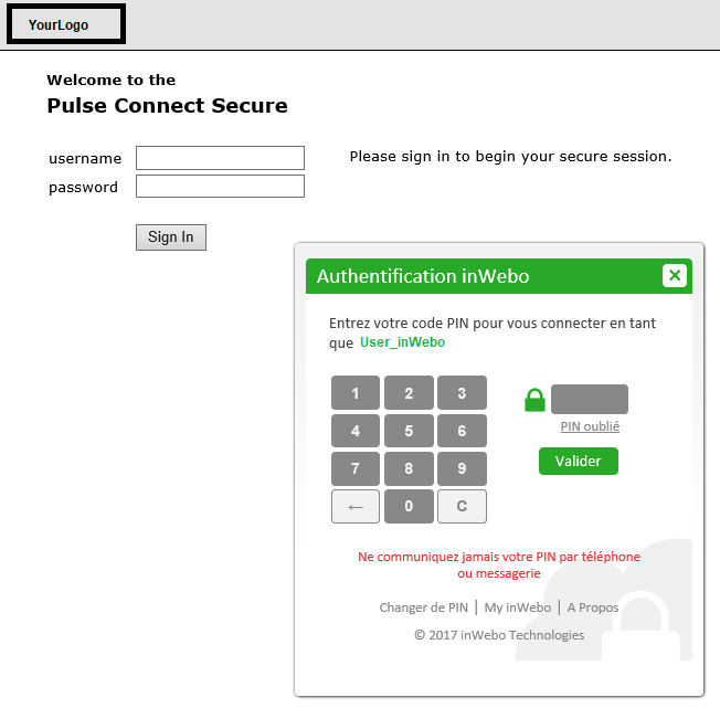 Pulse Secure Connect, custom inWebo Sign-in page with Virtual Authenticator